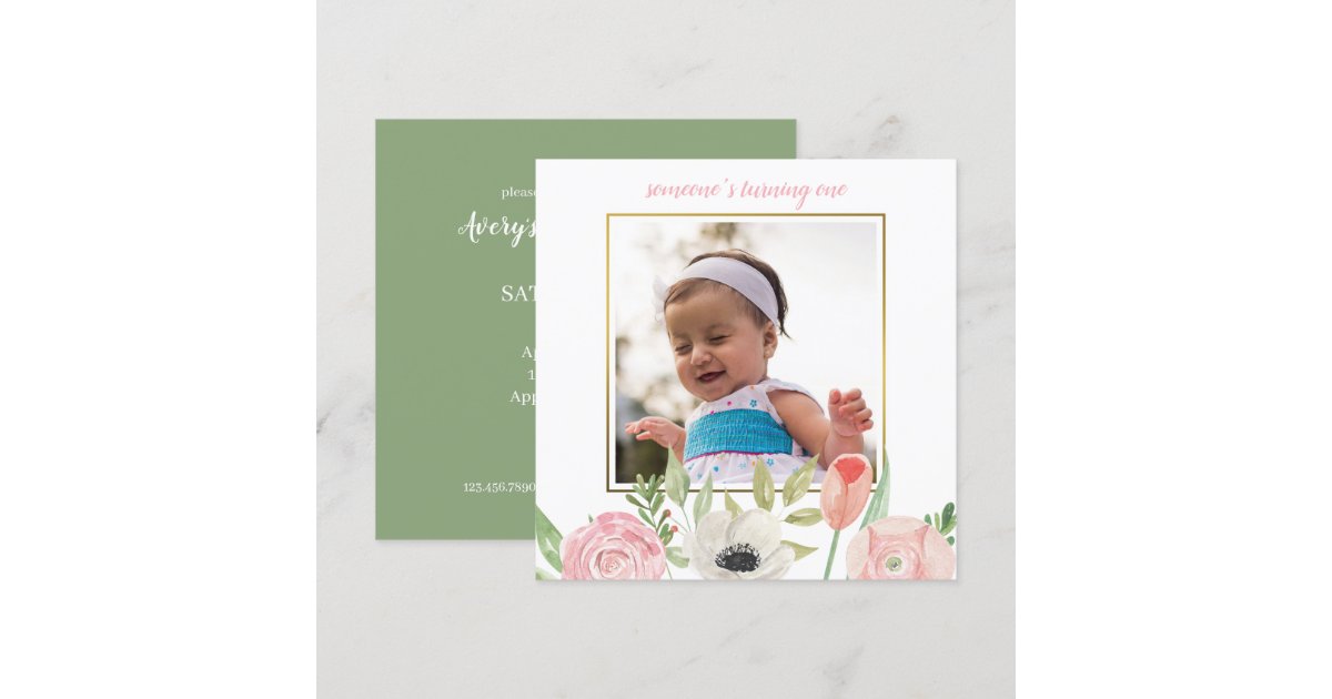 Elegant Blush Pink Floral Frame Baby 1st Birthday Invitation | Zazzle