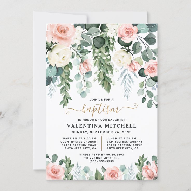 Elegant Blush Pink Floral Garden Unique Baptism Invitation | Zazzle