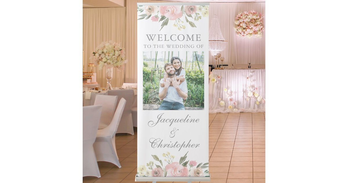 Elegant Blush Pink Floral Garden Wedding Welcome Retractable Banner ...
