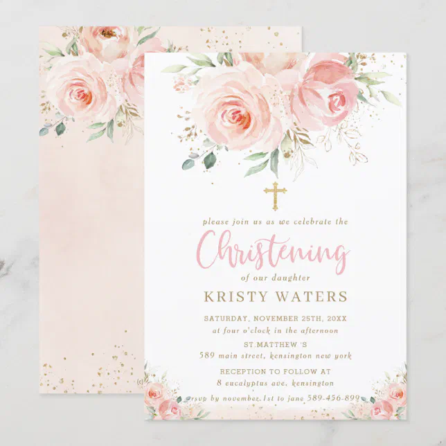Elegant Blush Pink Floral Gold Christening Invitation | Zazzle