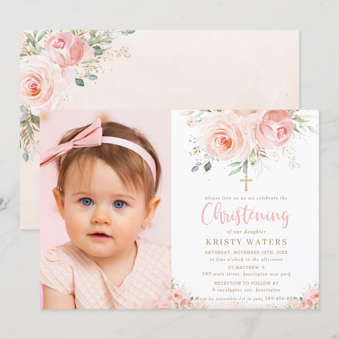 Elegant Blush Pink Floral Gold Christening Photo Invitation | Zazzle