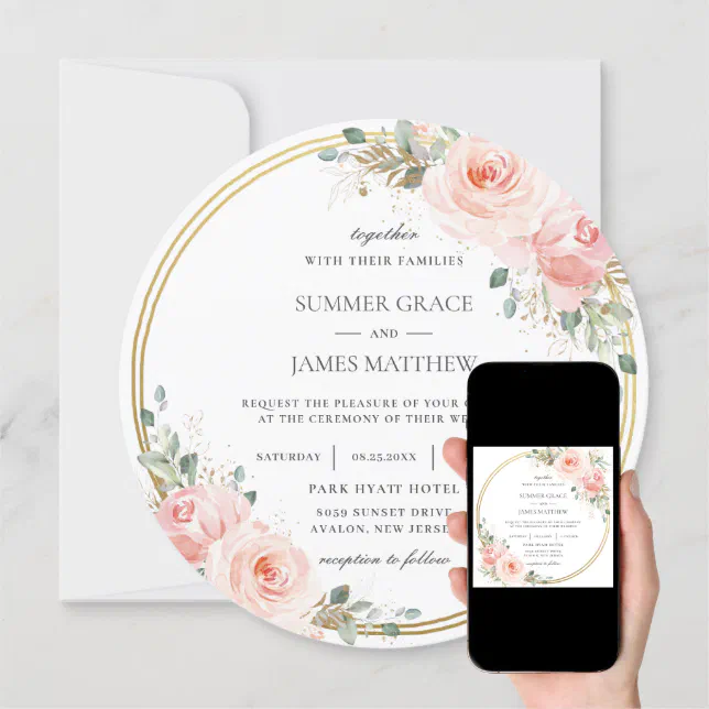 Elegant Blush Pink Floral Gold Circle Wedding Invitation Zazzle