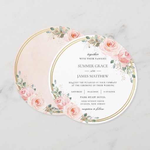 Elegant Blush Pink Floral Gold Circle Wedding Invitation | Zazzle