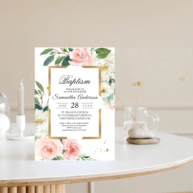 Elegant Blush Pink Floral Gold Frame And Drops Invitation Zazzle