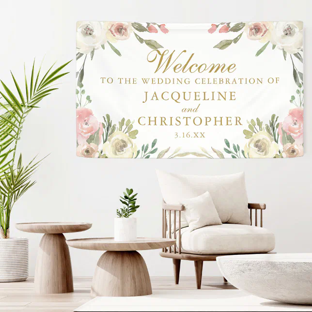 Elegant Blush Pink Floral Gold Script Wedding Banner | Zazzle