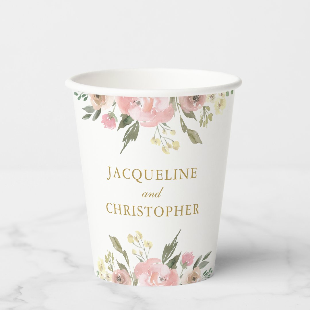 Elegant Blush Pink Floral Gold Script Wedding Paper Cups | Zazzle