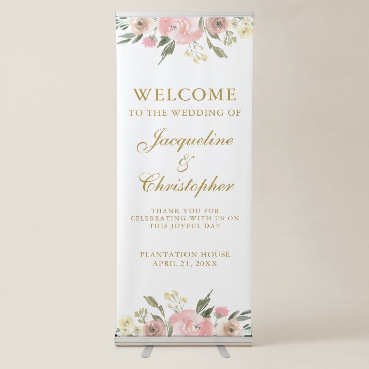 Elegant Blush Pink Floral Gold Script Wedding Retractable Banner | Zazzle