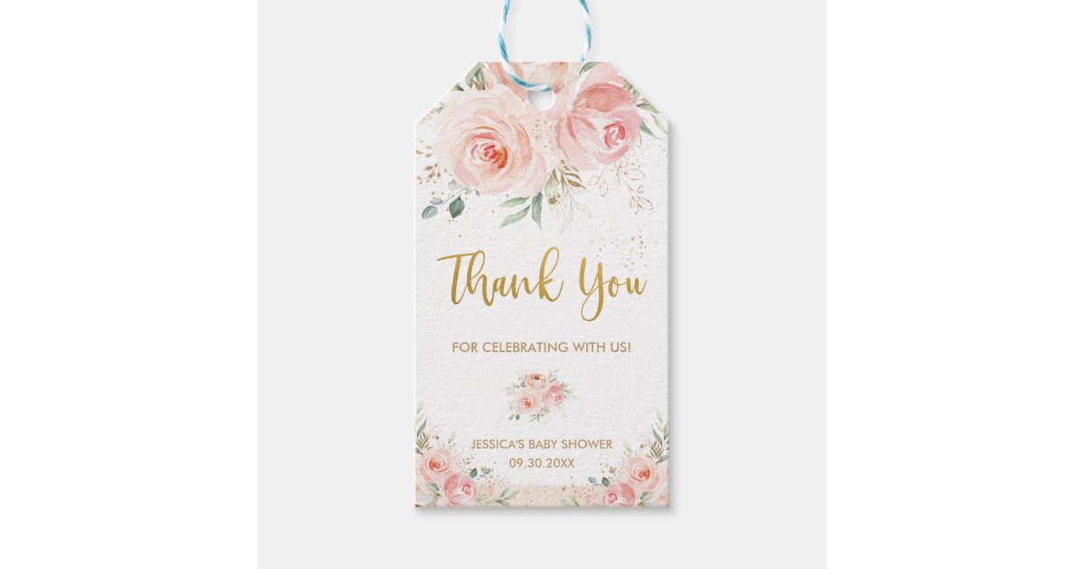 Elegant Blush Pink Floral Gold Thank You Favor Gift Tags | Zazzle