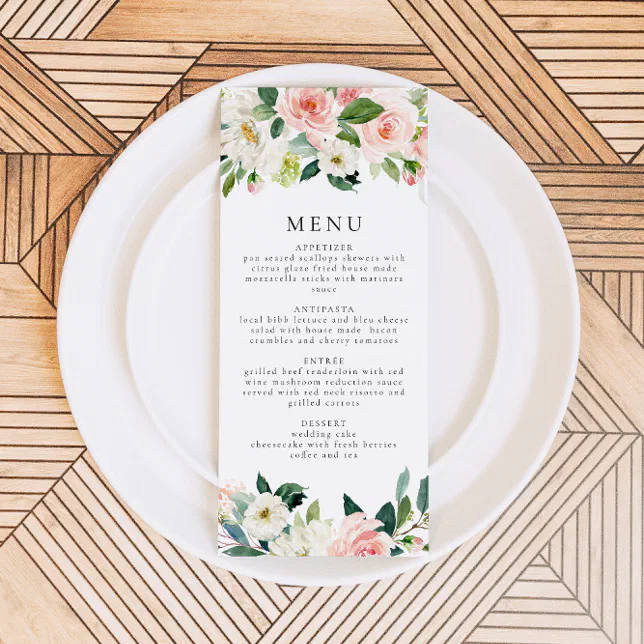 Elegant Blush Pink Floral Greenery Dinner Menu Invitation | Zazzle