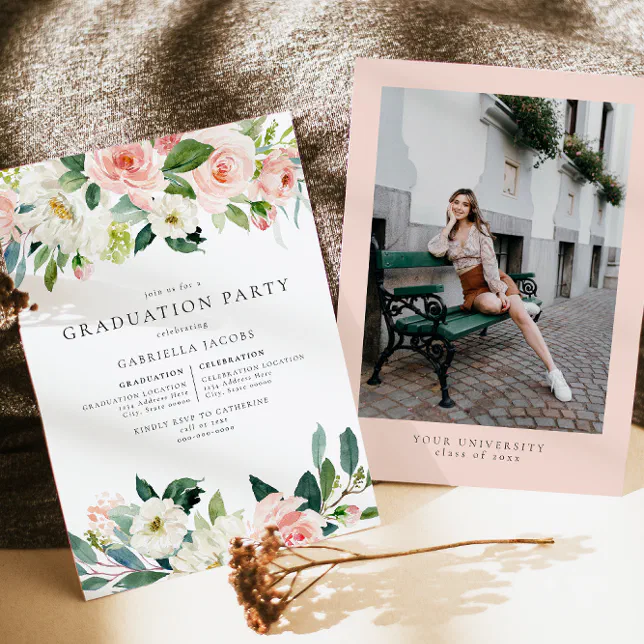 Elegant Blush Pink Floral Greenery Graduation Invitation | Zazzle