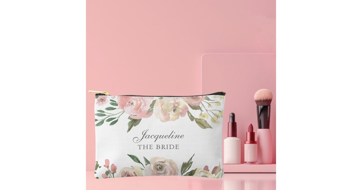 Elegant Blush Pink Floral Personalized Bride Accessory Pouch | Zazzle