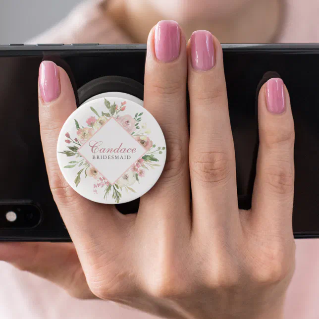 Elegant Blush Pink Floral Personalized Bridesmaid PopSocket | Zazzle