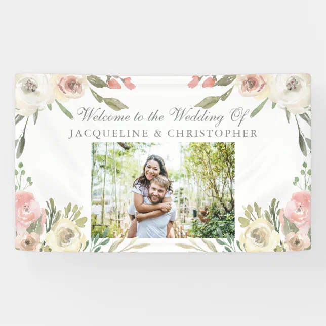 Elegant Blush Pink Floral Photo Wedding Welcome Banner | Zazzle
