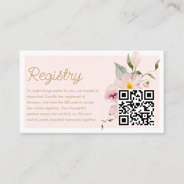 Elegant Blush Pink Floral Registry QR Code Card | Zazzle