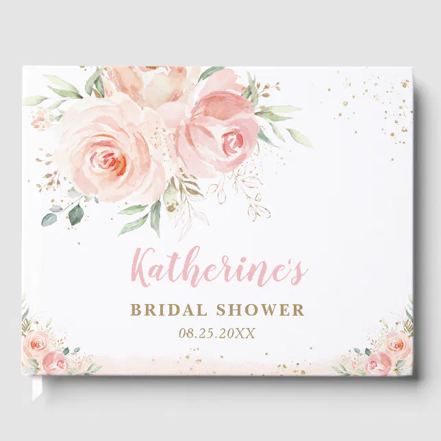 Elegant Blush Pink Floral Roses Gold Bridal Shower Guest Book | Zazzle