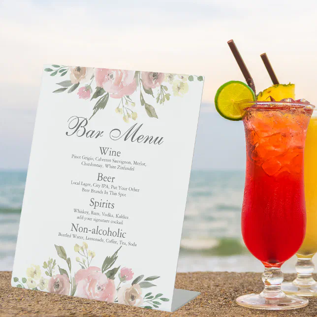Elegant Blush Pink Floral Wedding Bar Menu Pedestal Sign | Zazzle