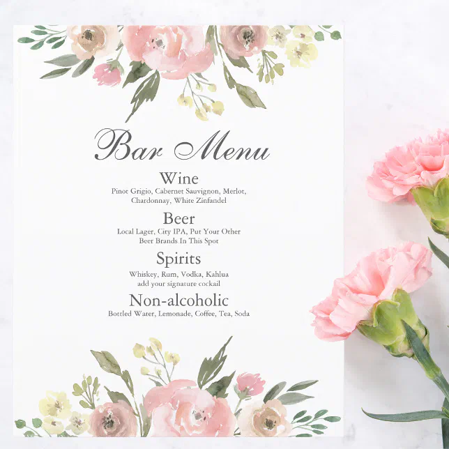Elegant Blush Pink Floral Wedding Bar Paper Menu | Zazzle