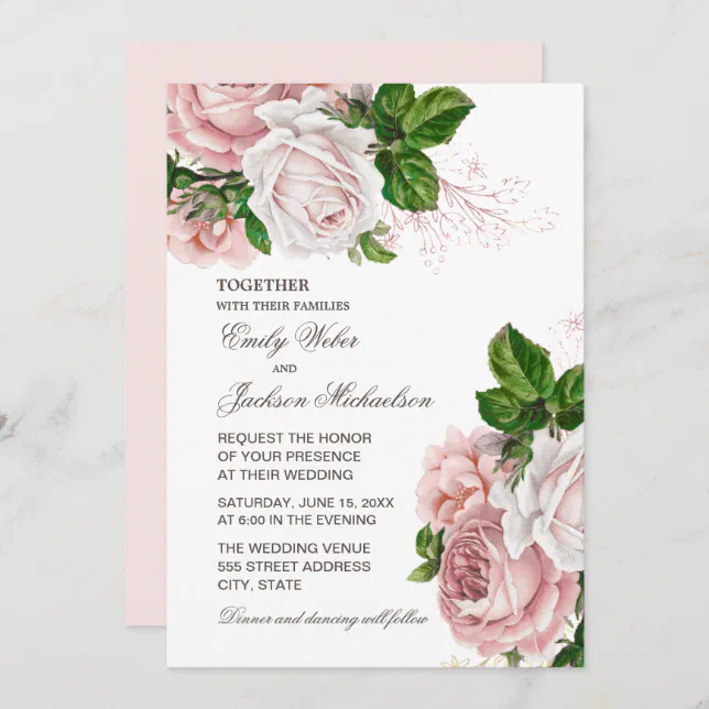 Elegant Blush Pink Floral Wedding Invitation | Zazzle