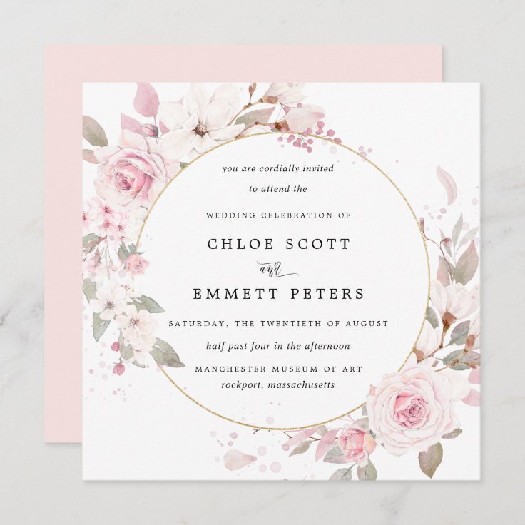 Elegant Blush Pink Floral Wedding Invitation | Zazzle