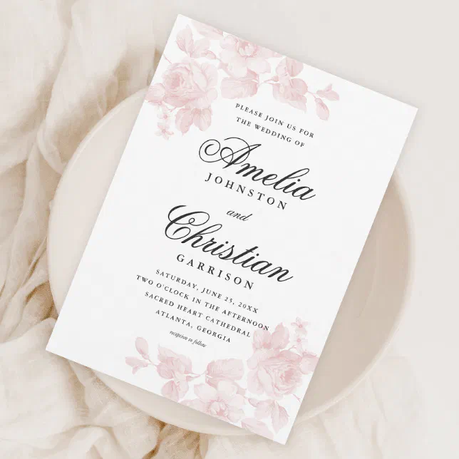 Elegant Blush Pink Floral Wedding Invitation | Zazzle