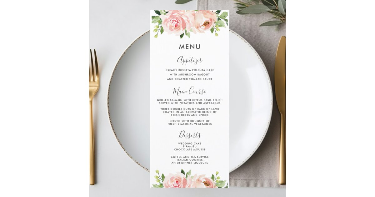Elegant Blush Pink Floral Wedding Menu | Zazzle