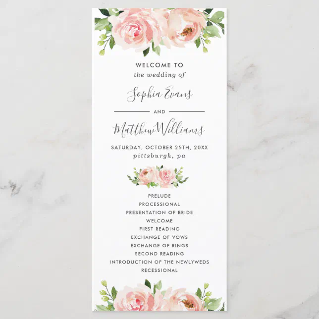 Elegant Blush Pink Floral Wedding Program | Zazzle