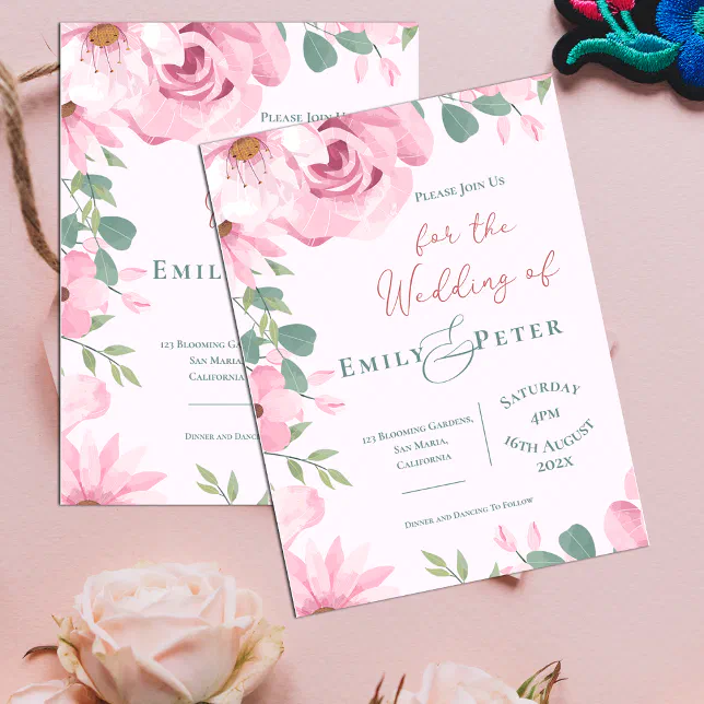 Elegant Blush Pink Florals Wedding Invitation Postcard | Zazzle