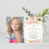 Elegant blush pink gold girl first communion photo invitation | Zazzle