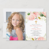 Elegant blush pink gold girl first communion photo invitation | Zazzle