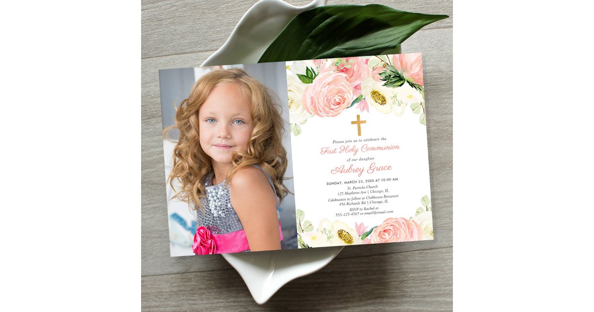 Elegant blush pink gold girl first communion photo invitation | Zazzle