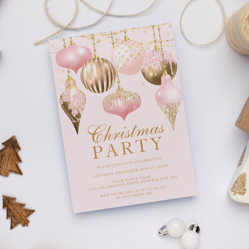 Elegant Blush Pink Gold Ornaments Christmas Party Invitation | Zazzle