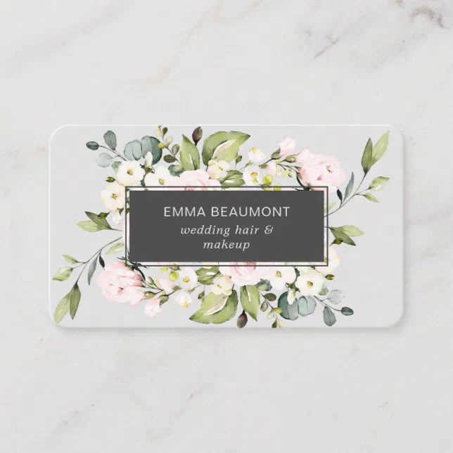 Elegant Blush Pink Grey Watercolor Floral Bloom Business Card | Zazzle