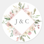 Elegant Blush Pink Ivory Floral Monogram Wedding Classic Round Sticker ...