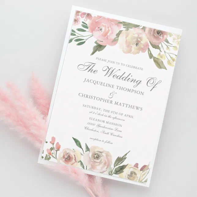 Elegant Blush Pink Ivory Floral Spring Wedding Invitation | Zazzle