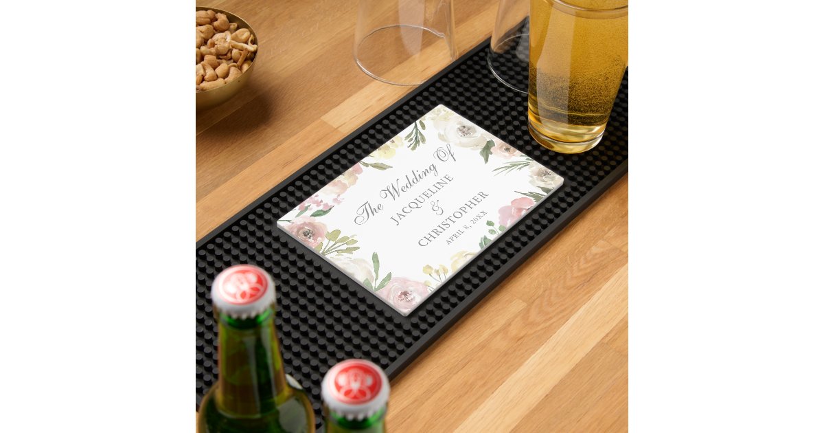 Elegant Blush Pink Ivory Floral Wedding Custom Bar Mat | Zazzle