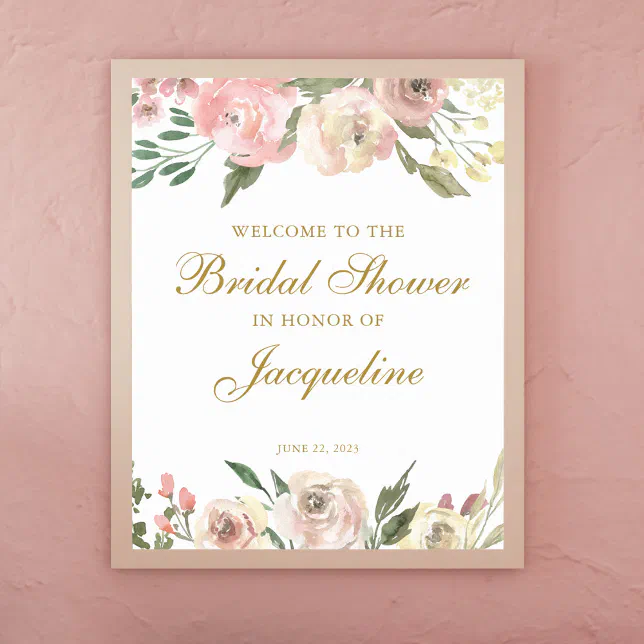 Elegant Blush Pink Ivory Gold Floral Bridal Shower Poster | Zazzle