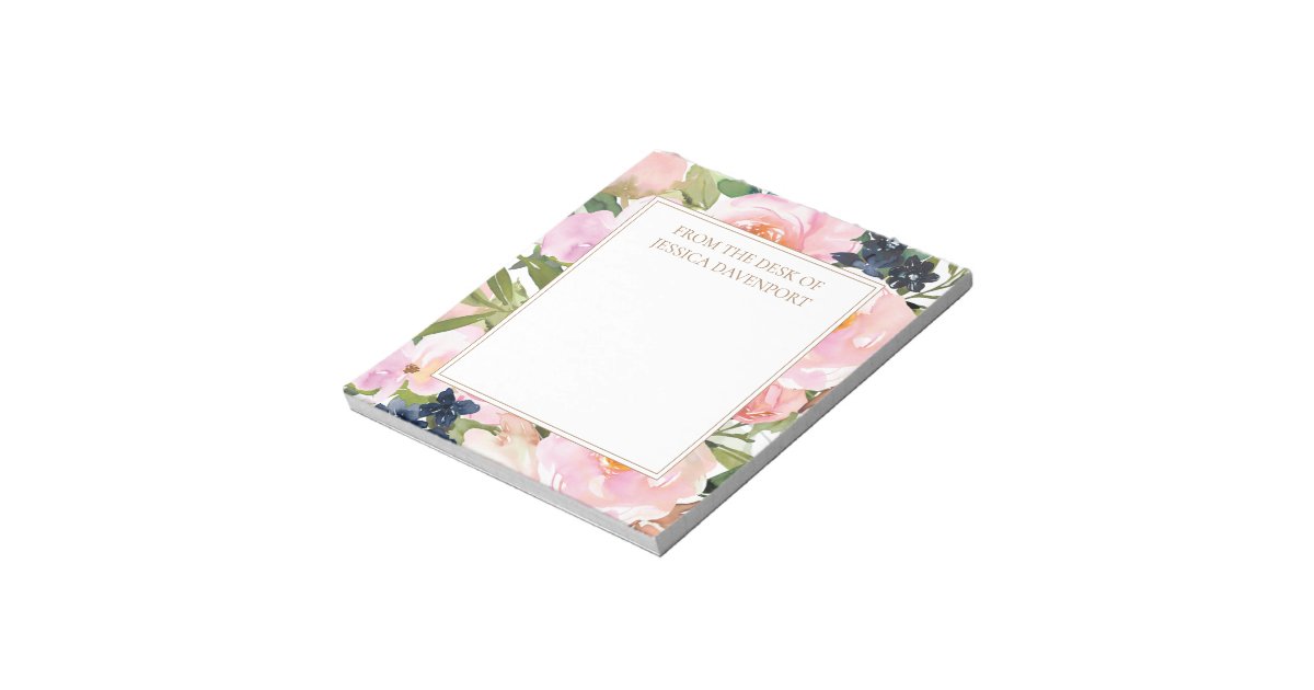 Elegant Blush Pink Navy Blue Floral From Desk Notepad | Zazzle