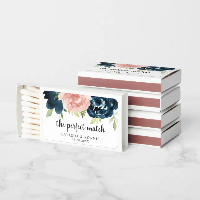 Elegant Blush Pink Navy Blue Floral Wedding Matchboxes | Zazzle