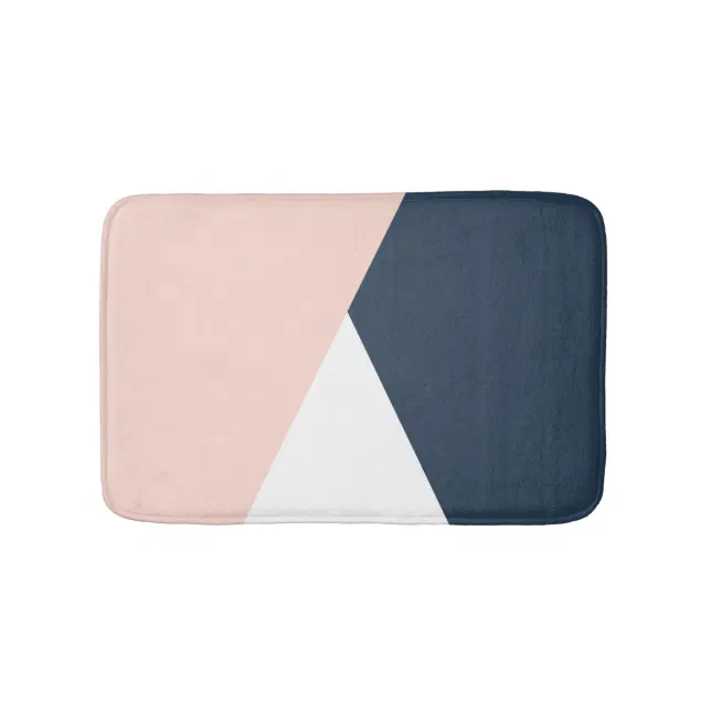 Elegant blush pink & navy blue geometric triangles bath mat | Zazzle