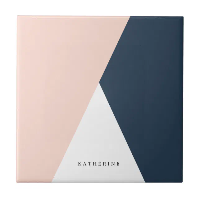 Elegant blush pink & navy blue geometric triangles ceramic tile | Zazzle