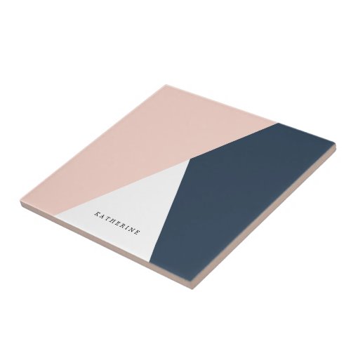 Elegant blush pink & navy blue geometric triangles ceramic tile | Zazzle