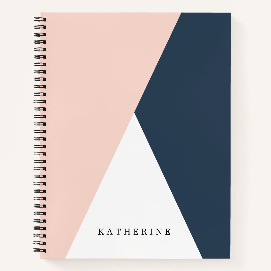 Elegant blush pink & navy blue geometric triangles notebook | Zazzle
