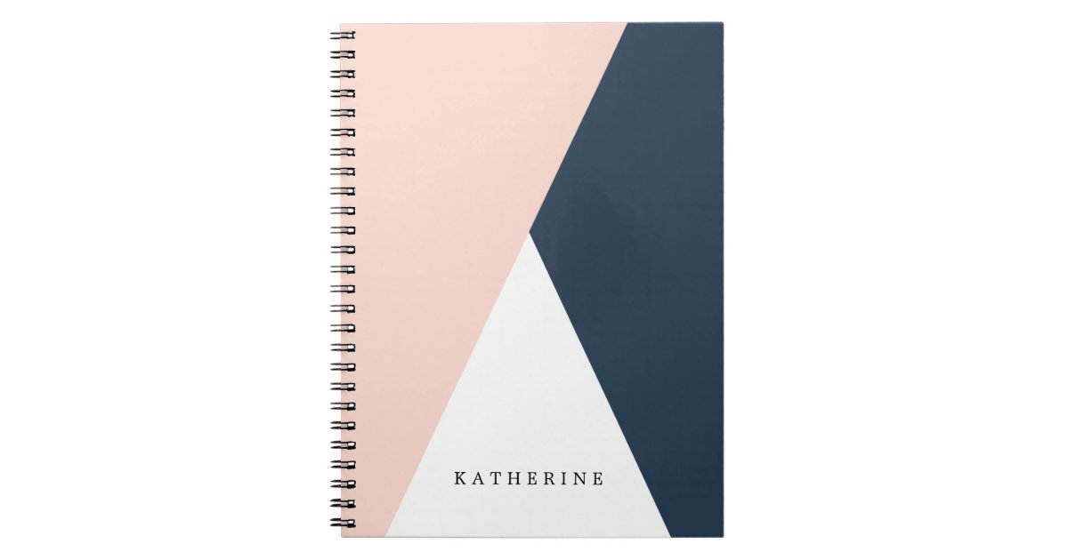 Elegant blush pink & navy blue geometric triangles notebook | Zazzle