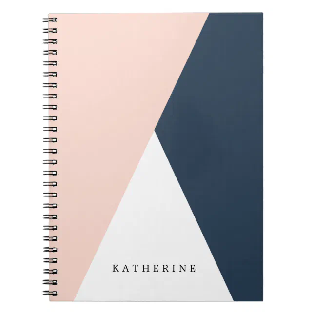 Elegant blush pink & navy blue geometric triangles notebook | Zazzle