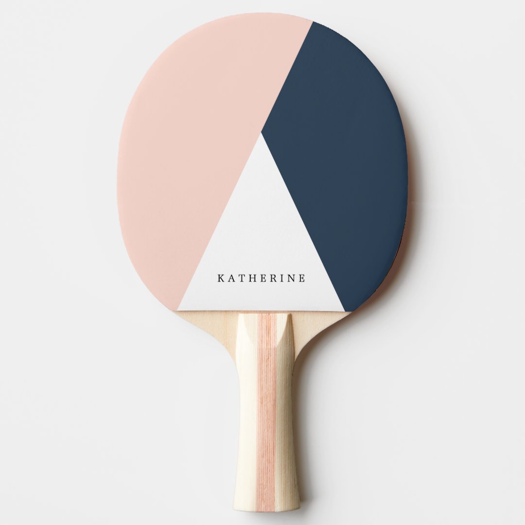 Elegant blush pink & navy blue geometric triangles ping pong paddle ...