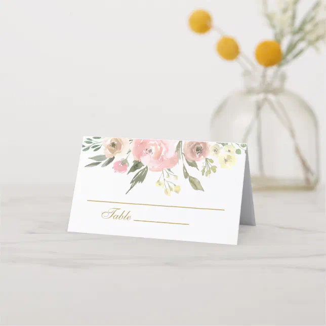 Elegant Blush Pink Peony Floral Gold Script Place Card | Zazzle