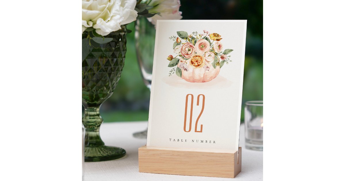 Elegant Blush Pink Pumpkin Floral Watercolor Table Number | Zazzle