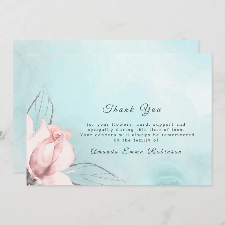 Elegant Blush Pink Rose and Blue Thank You Card | Zazzle