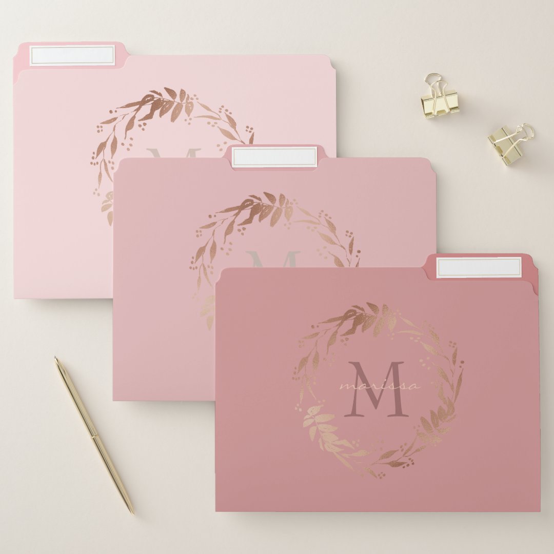 Elegant Blush Pink Rose Gold Monogram File Folder | Zazzle