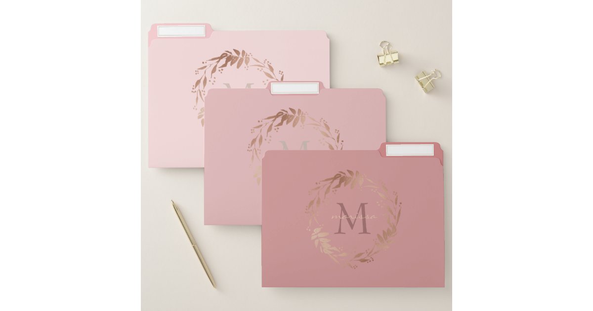 Elegant Blush Pink Rose Gold Monogram File Folder | Zazzle